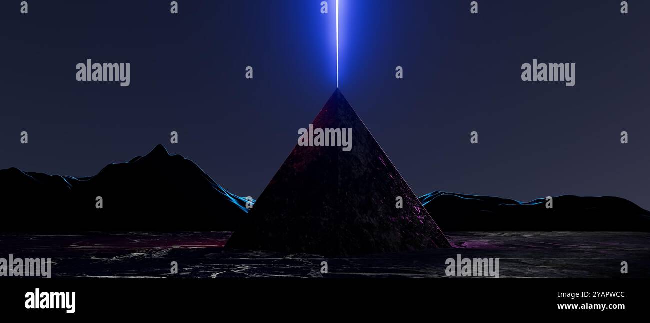 3d render illustration A pyramid is lit up in the night sky with a blue ...