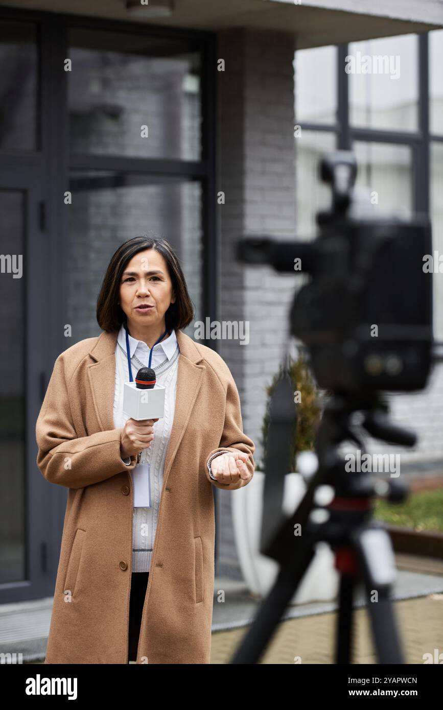 The journalist stands confidently, holding a microphone while reporting ...