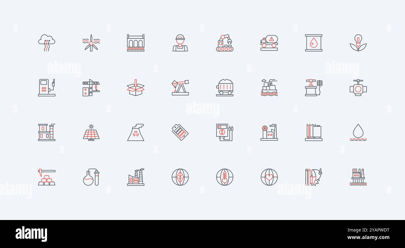 Power energy, oil and gas, coal industry, manufacturing line icon set ...