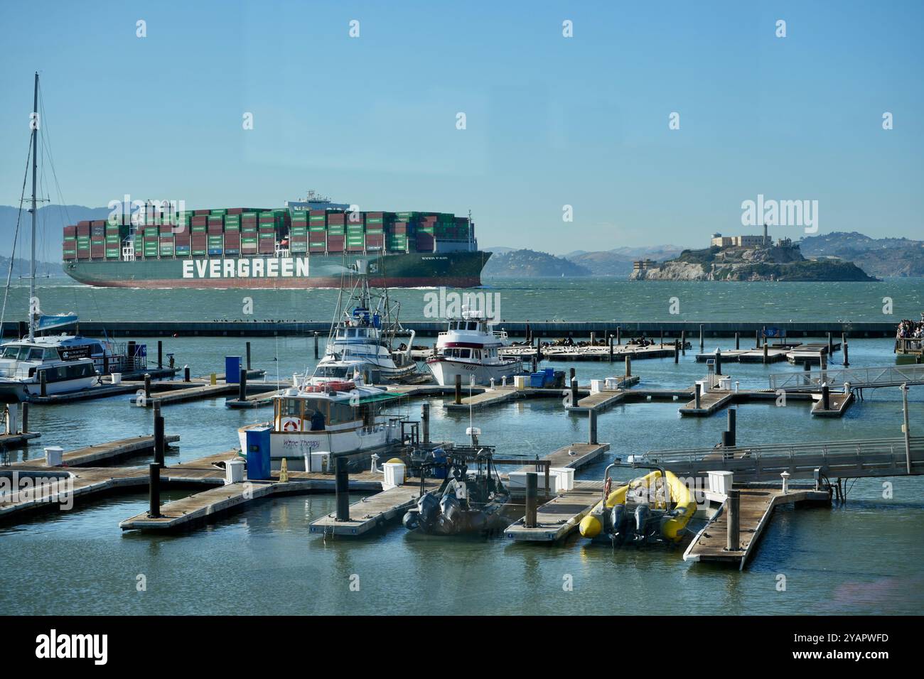 Alcatraz, with The Evergreen Container Ship Ever Fair built in 2021 off ...