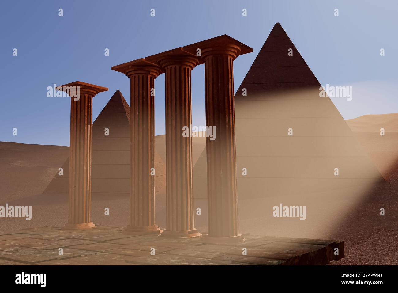 3d render illustration A desert landscape with three pyramids and four ...