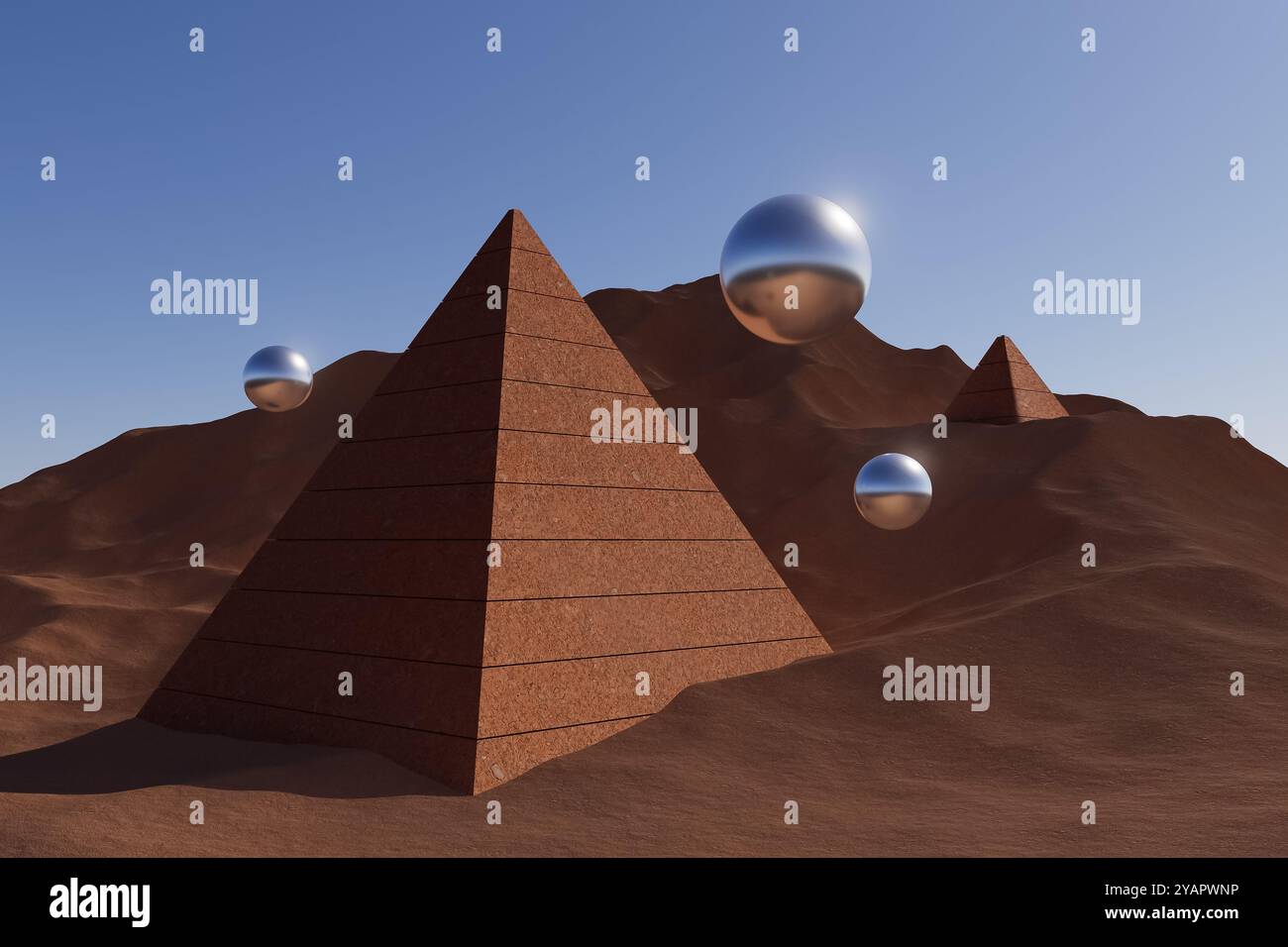 3d render illustration Three pyramids are shown in a desert landscape ...