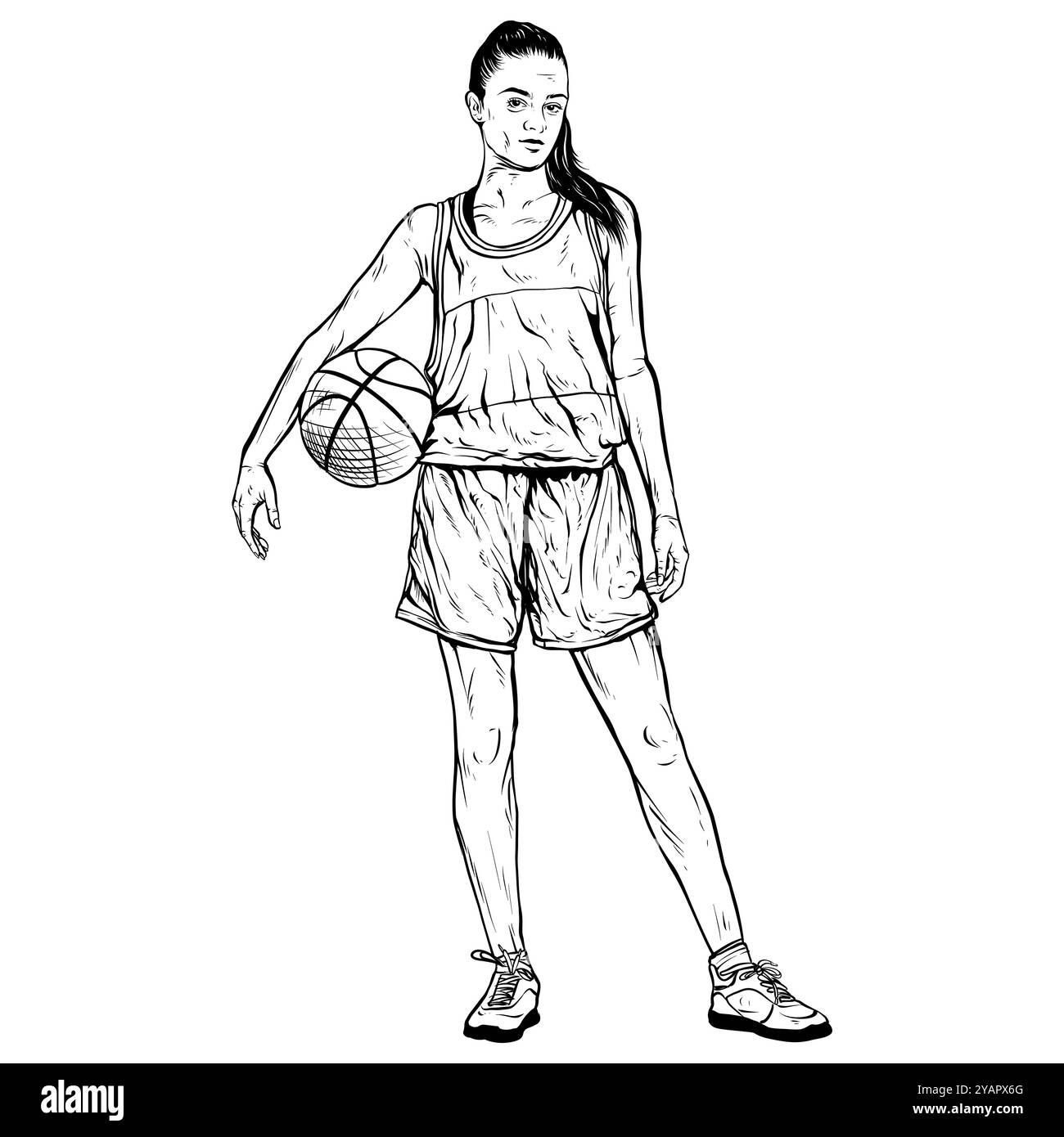 Female basketball player. Vintage line engraving style. Hand drawn ...