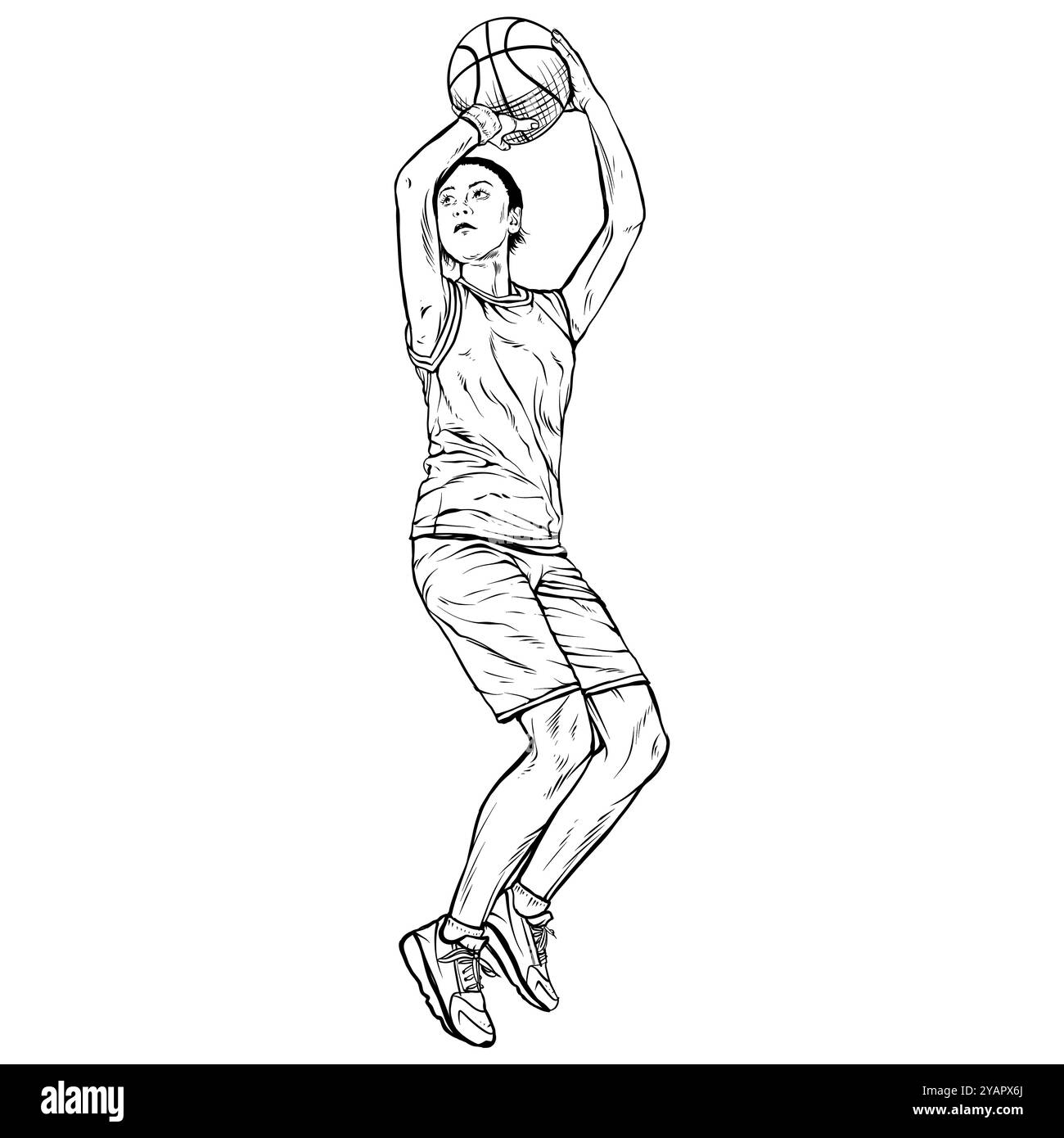 Female basketball player. Vintage line engraving style. Hand drawn ...