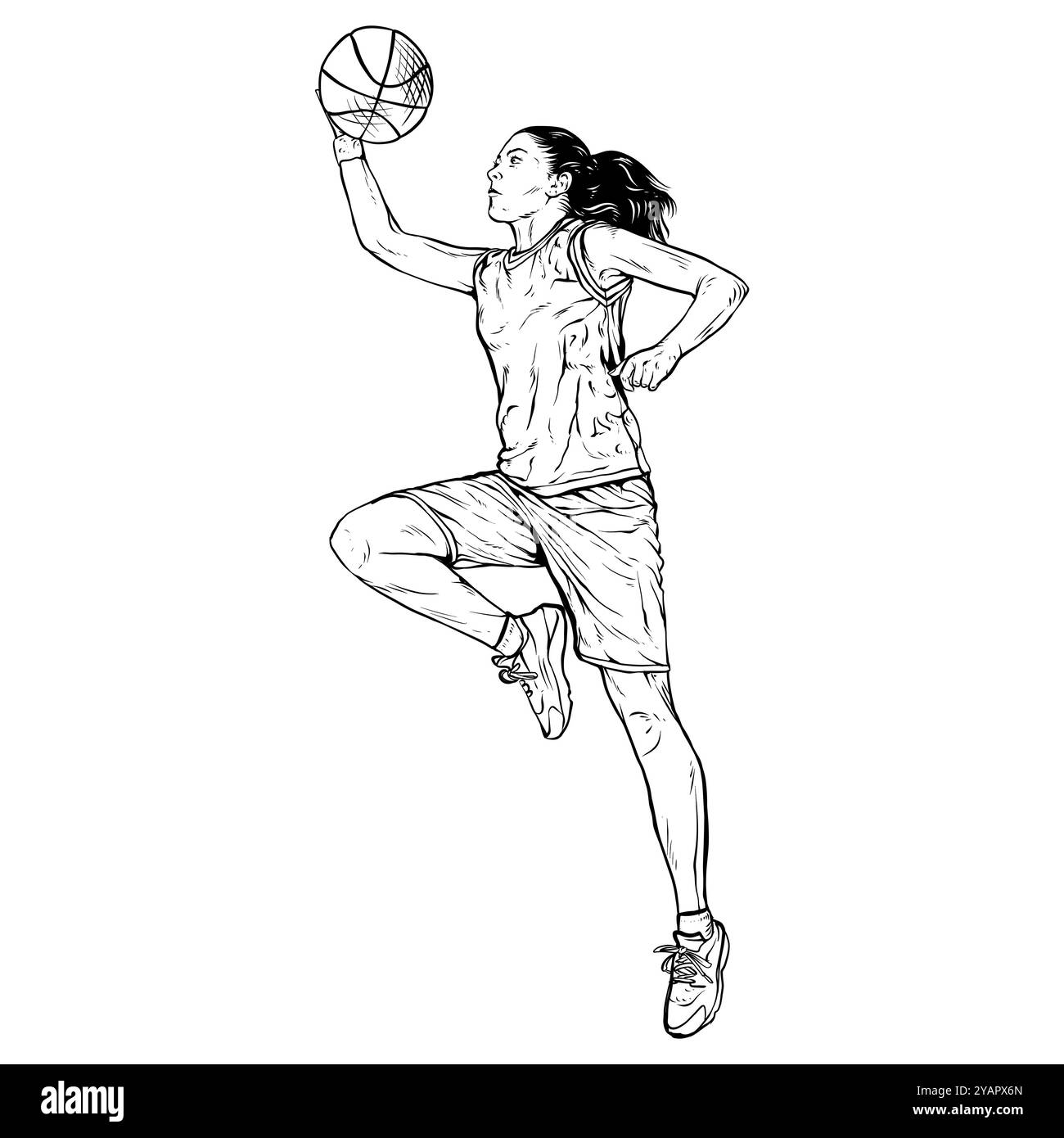 Female basketball player. Vintage line engraving style. Hand drawn ...