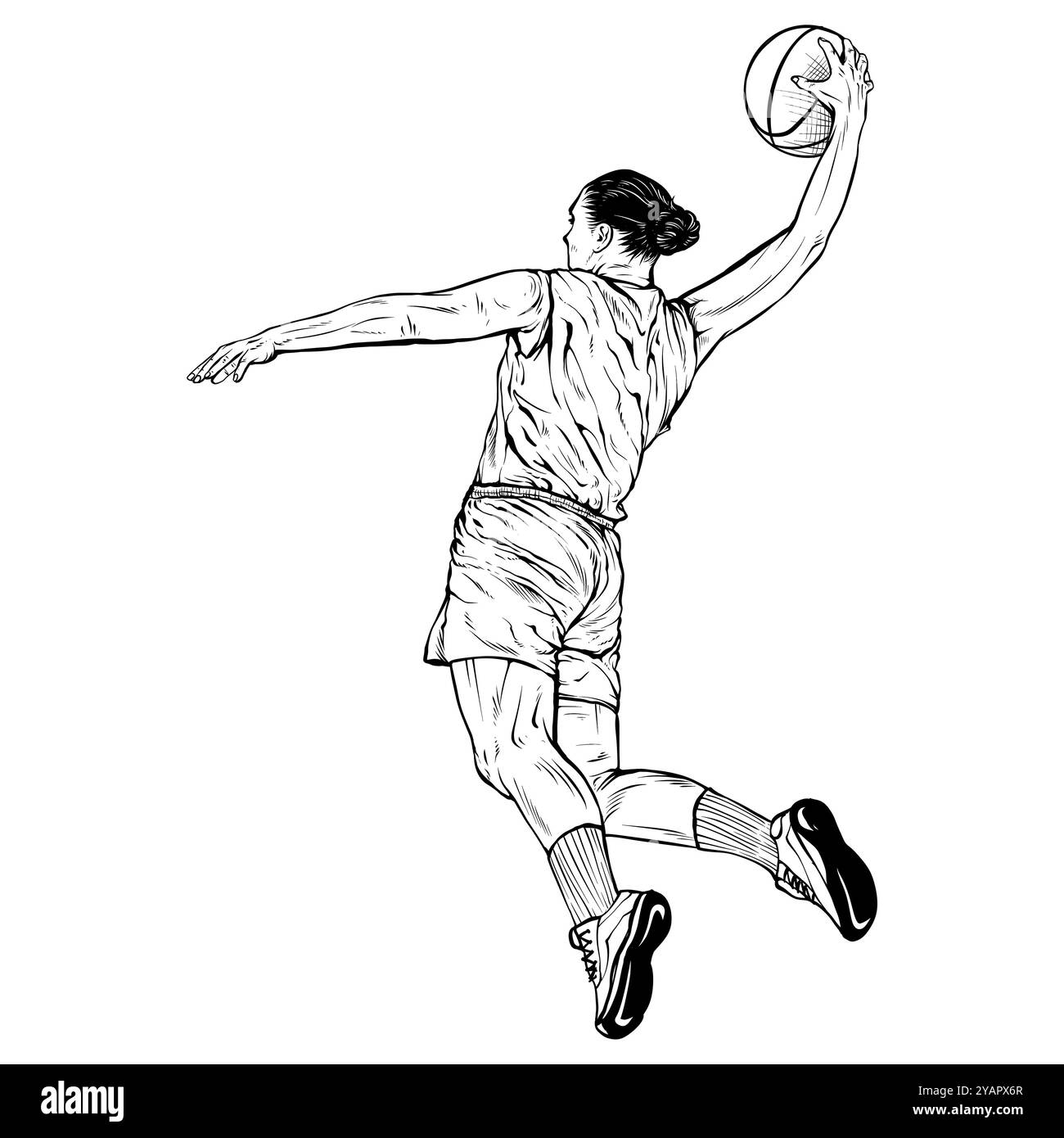 Female basketball player. Vintage line engraving style. Hand drawn ...