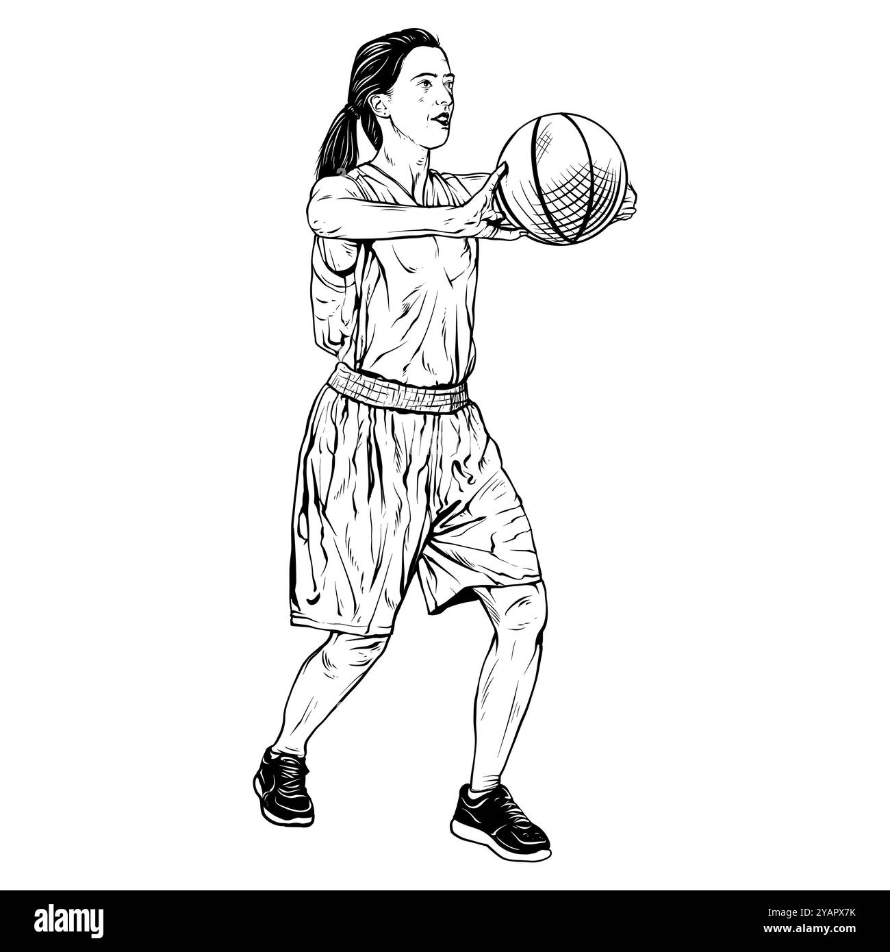 Female basketball player. Vintage line engraving style. Hand drawn ...