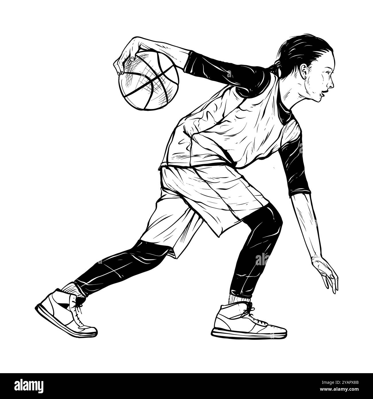 Female basketball player. Vintage line engraving style. Hand drawn ...