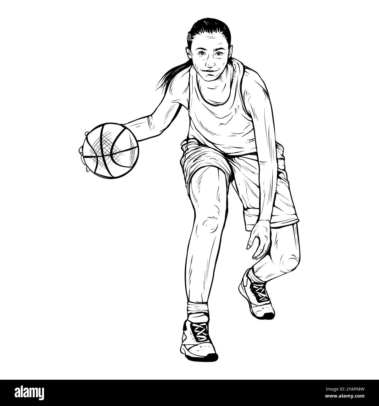 Female basketball player. Vintage line engraving style. Hand drawn ...