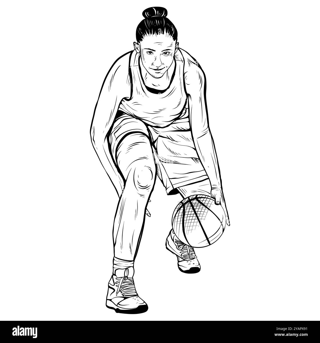 Female basketball player. Vintage line engraving style. Hand drawn ...