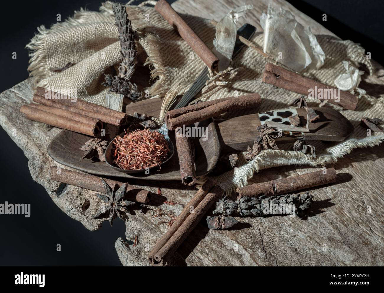 Safflower on spoon with Cinnamon, Star anise and Dried Prunella ...