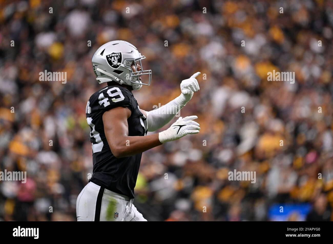 Las Vegas Raiders defensive end Charles Snowden reacts after a play ...