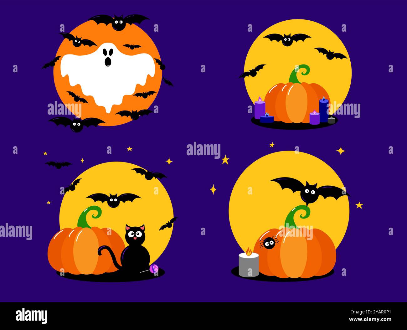 Set of moon compositions vector illustrations with pumpkins, candles ...