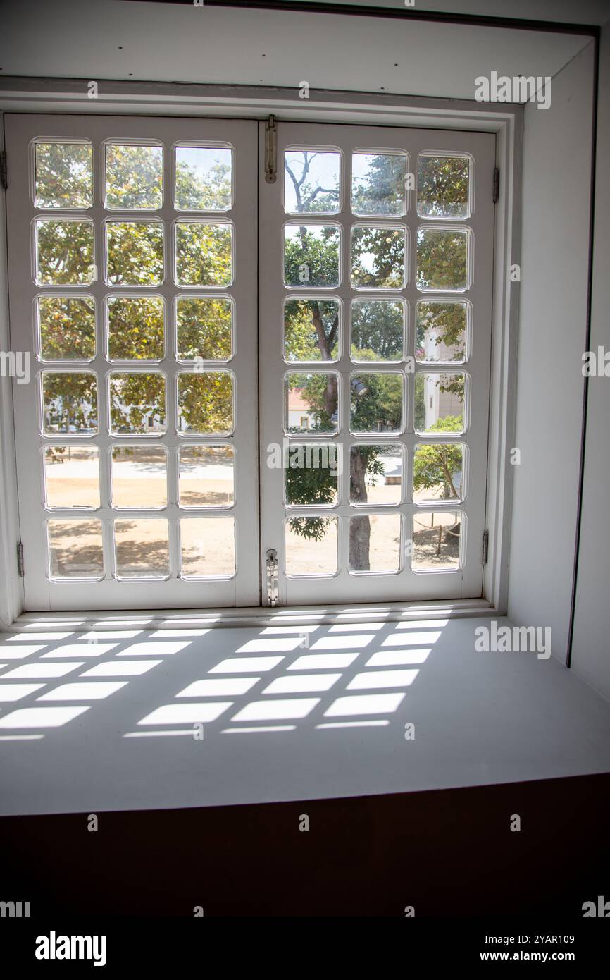 Sunlight streams through a white-framed window with square glass panels ...