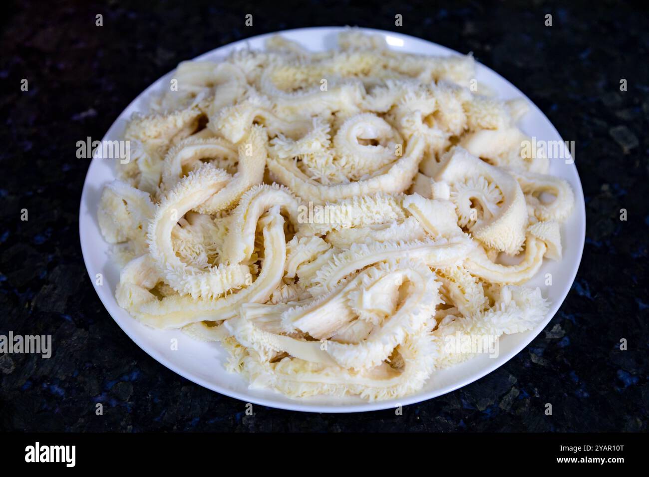 Beef tripe (bucho), beef stomach, tripe on a white plate. Dobradinha ...