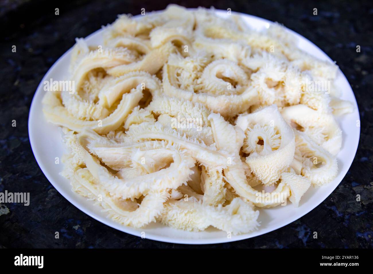 Beef tripe (bucho), beef stomach, tripe on a white plate. Dobradinha ...