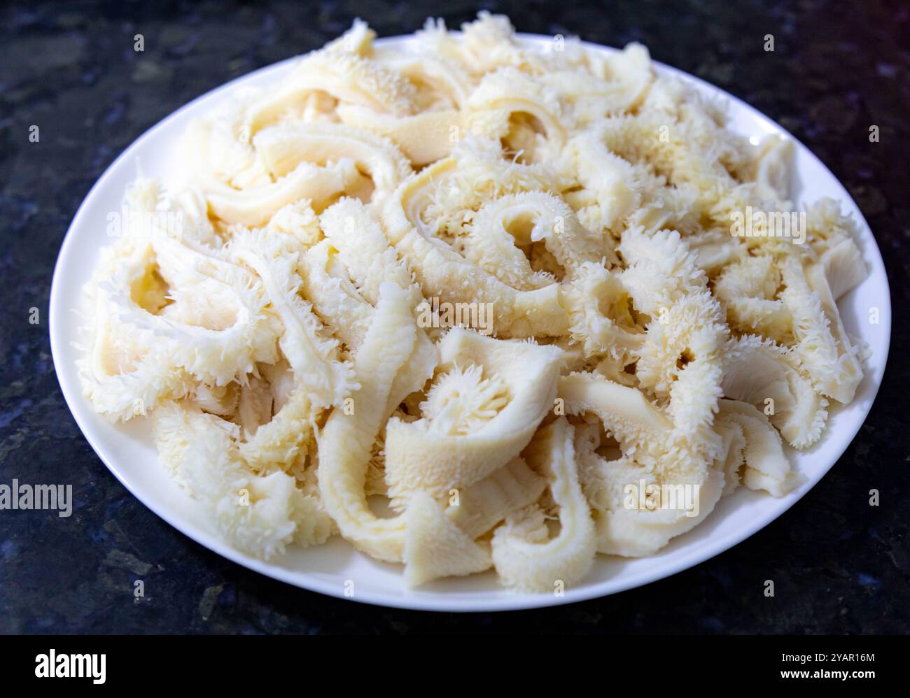Beef tripe (bucho), beef stomach, tripe on a white plate. Dobradinha ...