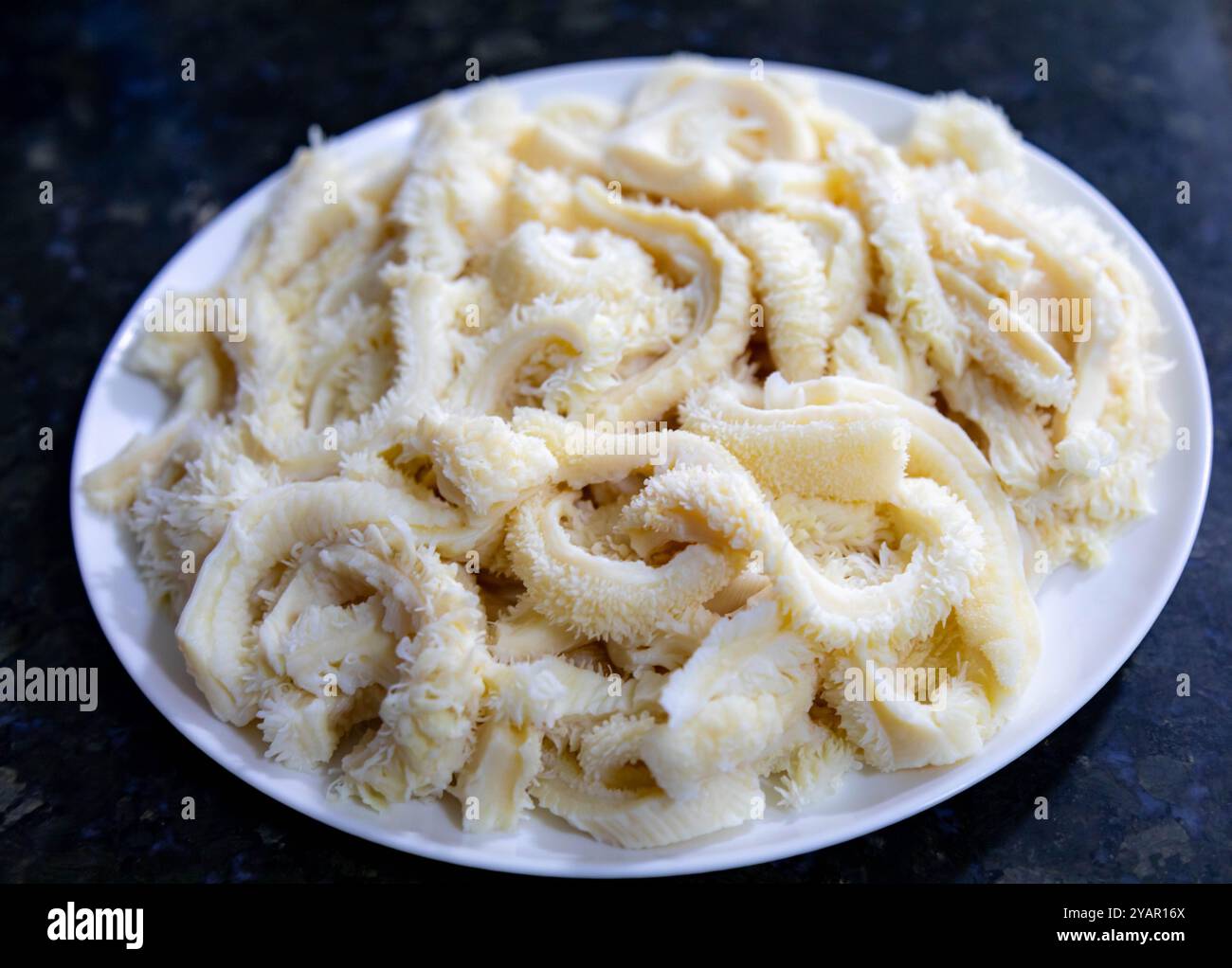 Beef tripe (bucho), beef stomach, tripe on a white plate. Dobradinha ...
