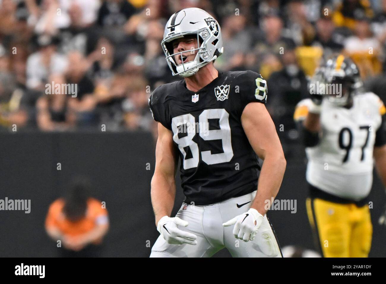 Las Vegas Raiders tight end Brock Bowers (89) reacts after a play ...