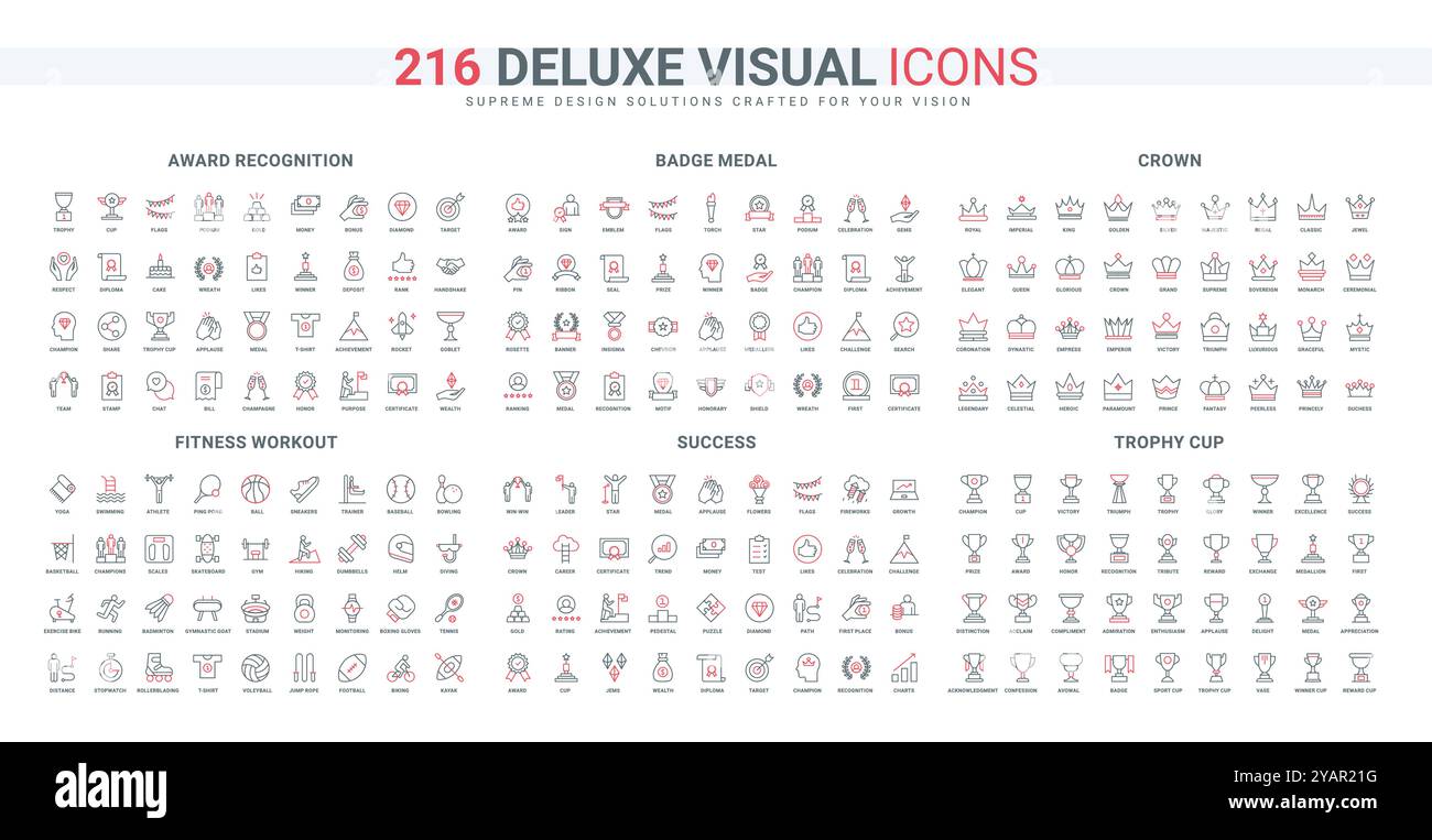 Success achievement trophy, gold cup and crown, medal line icon set ...