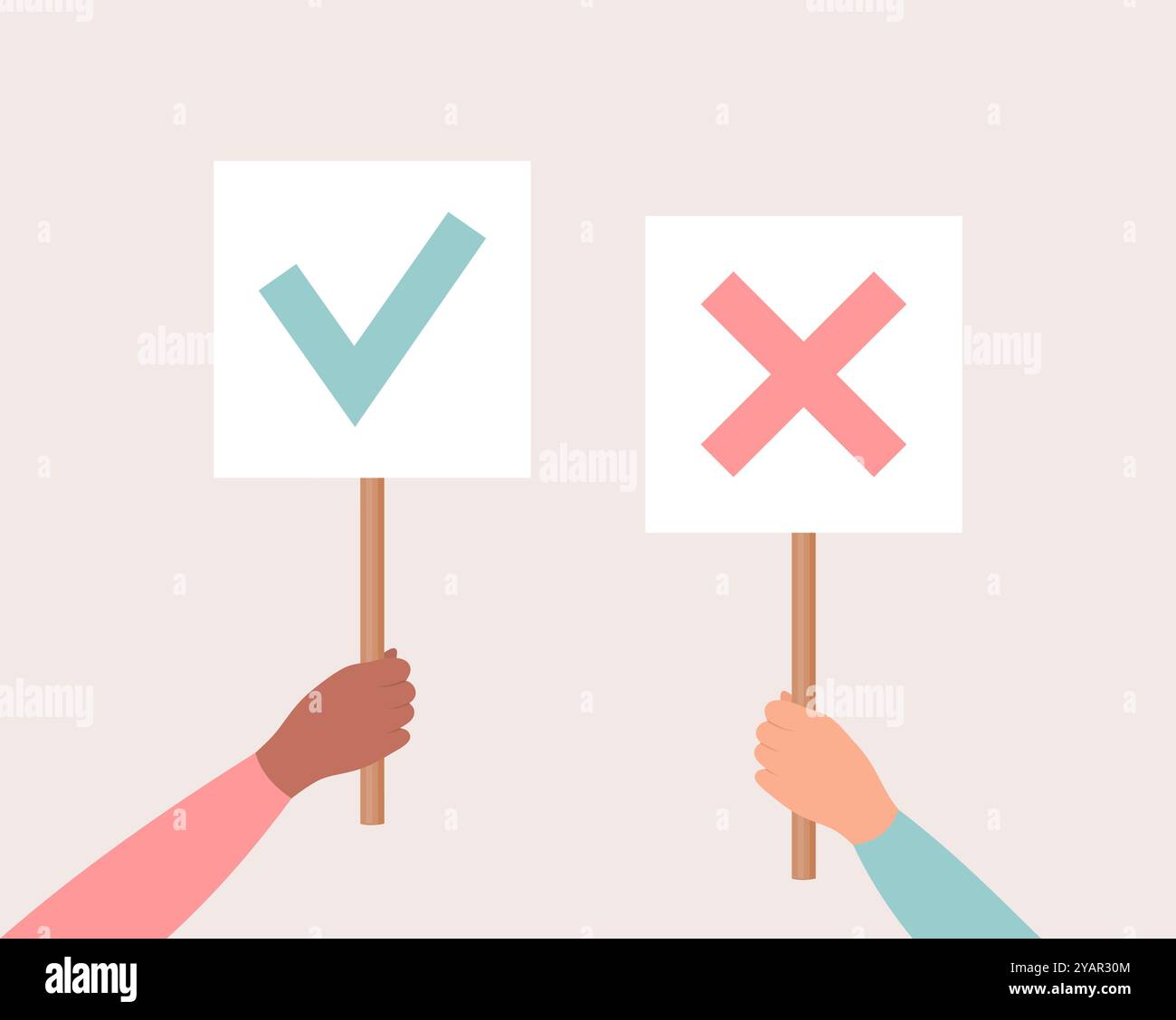 Two hands holding white posters with check mark and cross mark. Flat ...