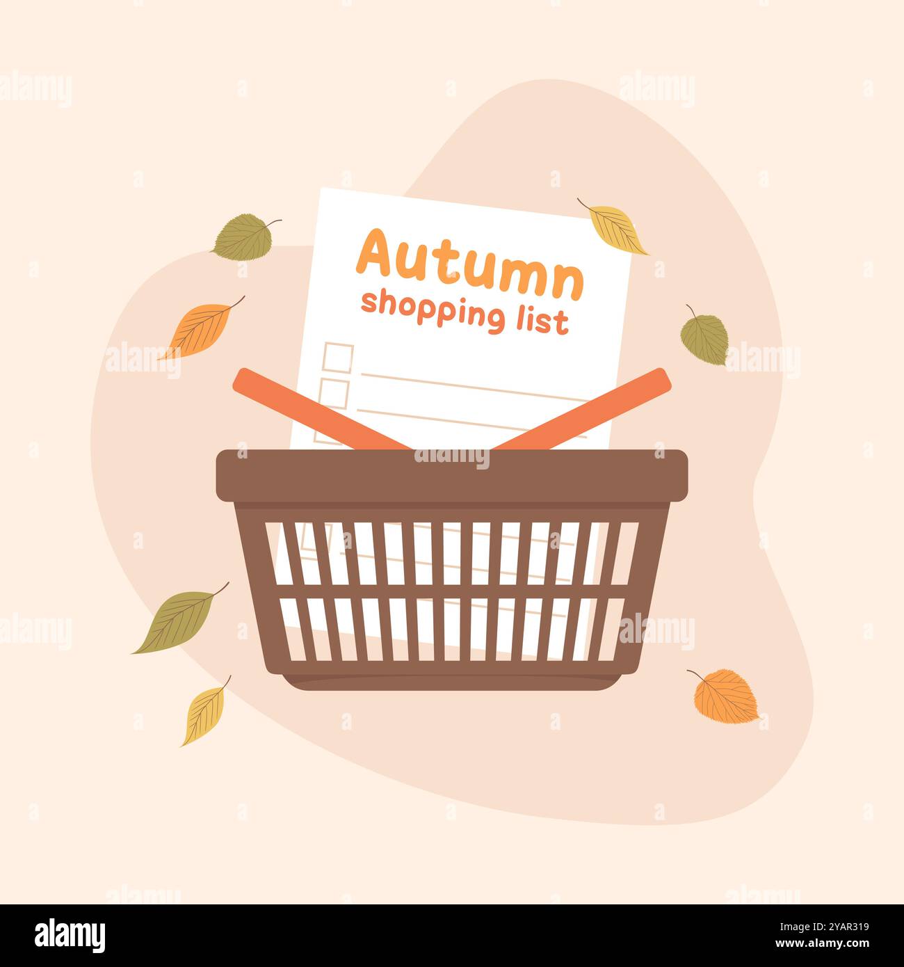Brown shopping basket with autumn shopping list inside and flying ...
