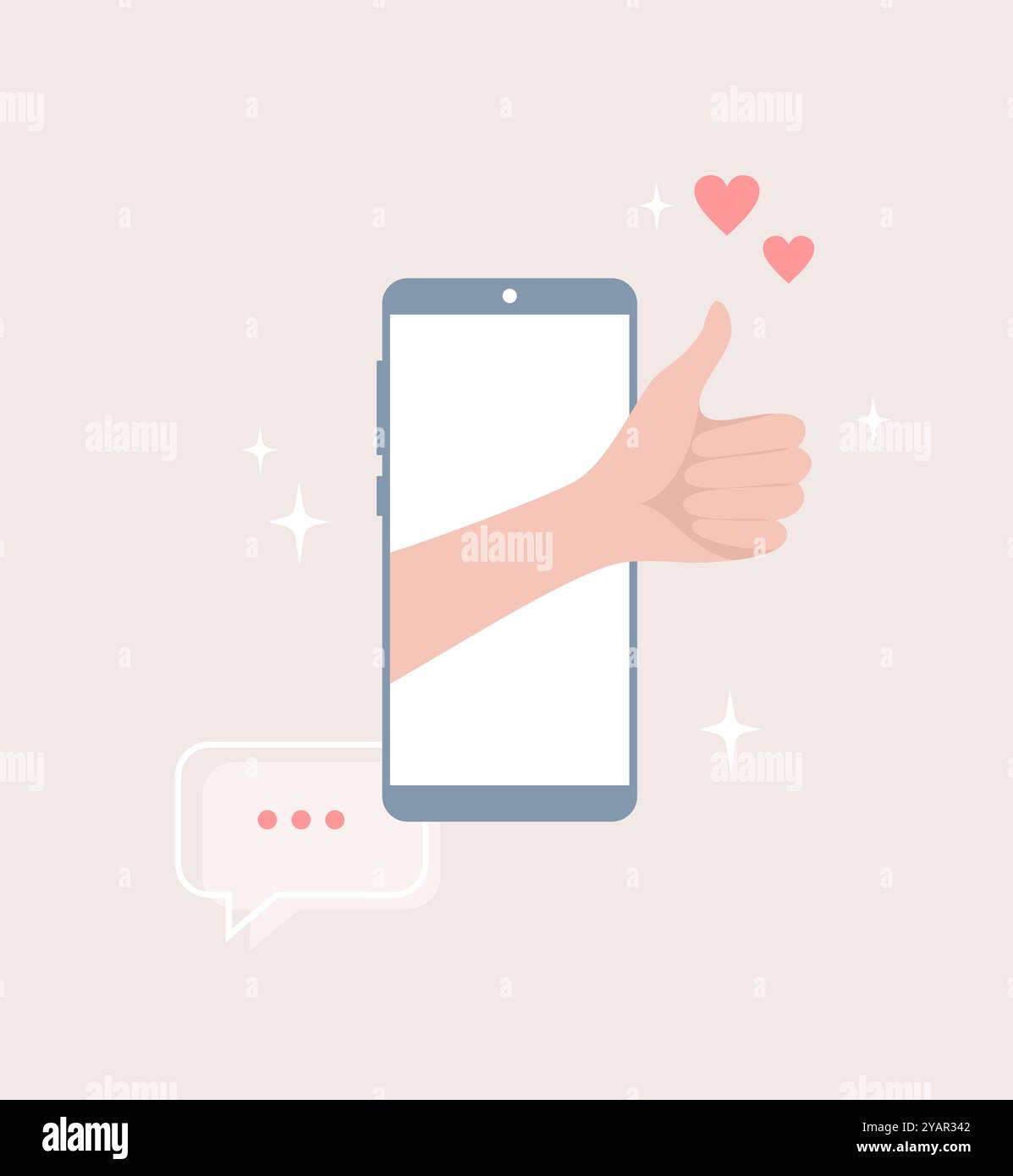 Human hand showing thumbs up gesture from the smartphone screen. Flat ...