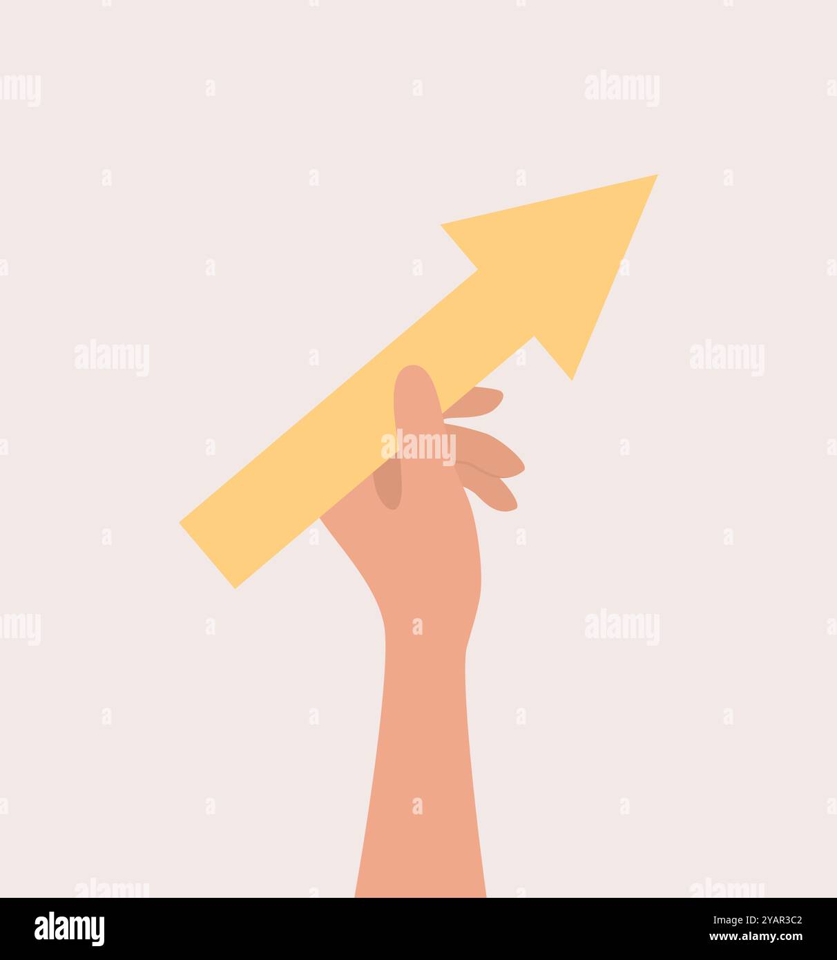 Human hand holding yellow arrow on a beige background. Flat vector ...