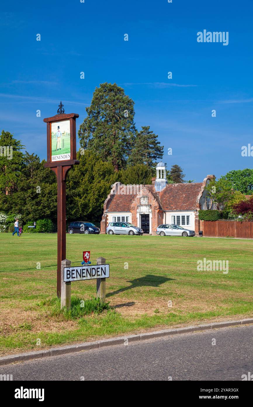 England, Kent, Benenden, Village Sign with distant Village Hall and The ...
