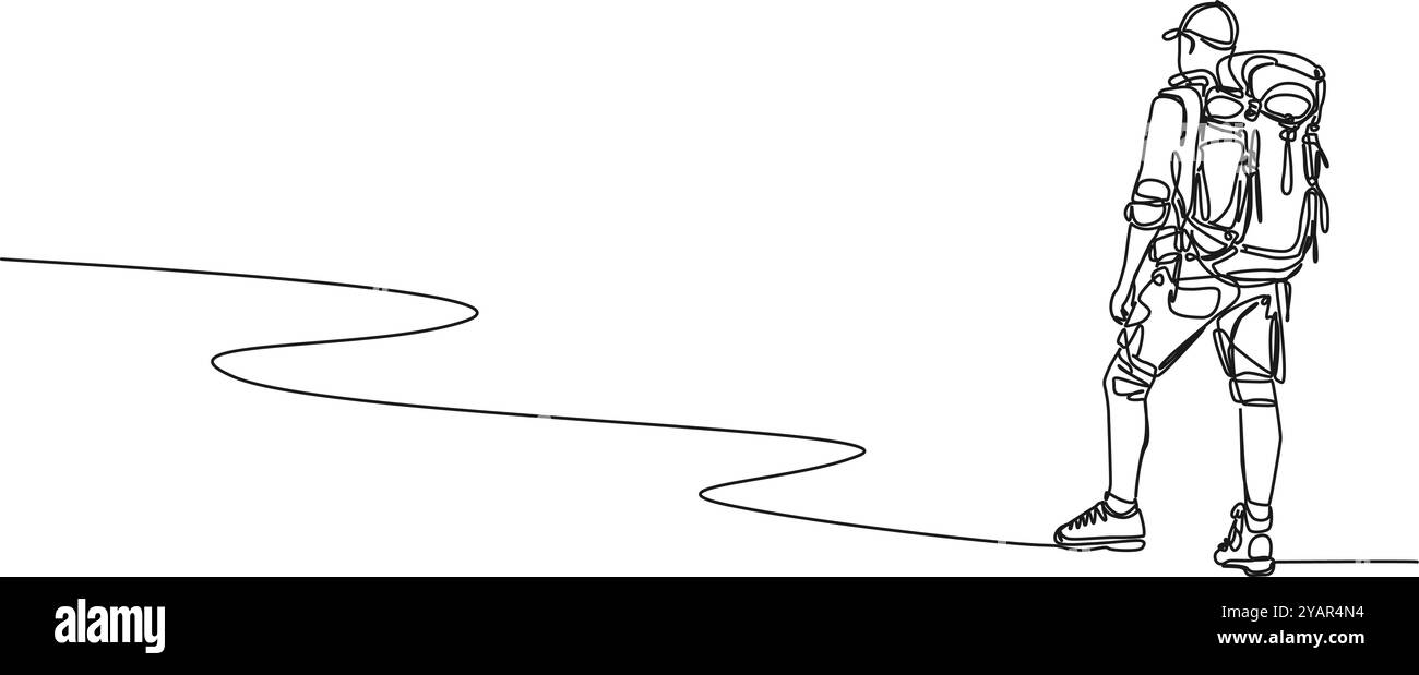 continuous single line drawing of hiker with backpack following ...
