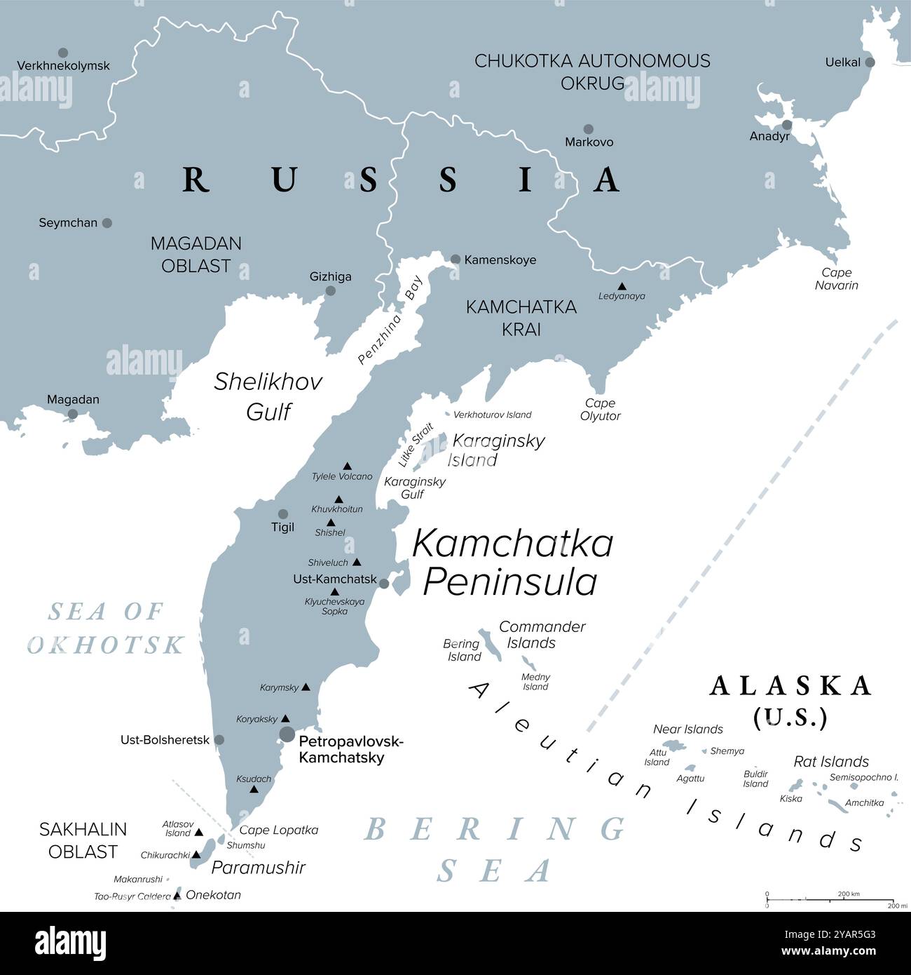 Kamchatka Peninsula and federal subject Kamchatka Krai of Russia, gray ...