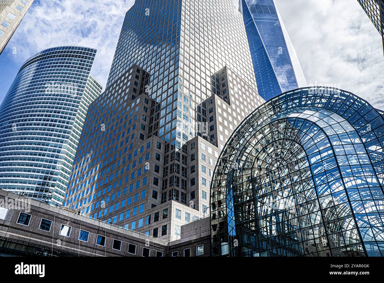 Low angle view of 200 West Street (left), Brookfield Place (foreground ...