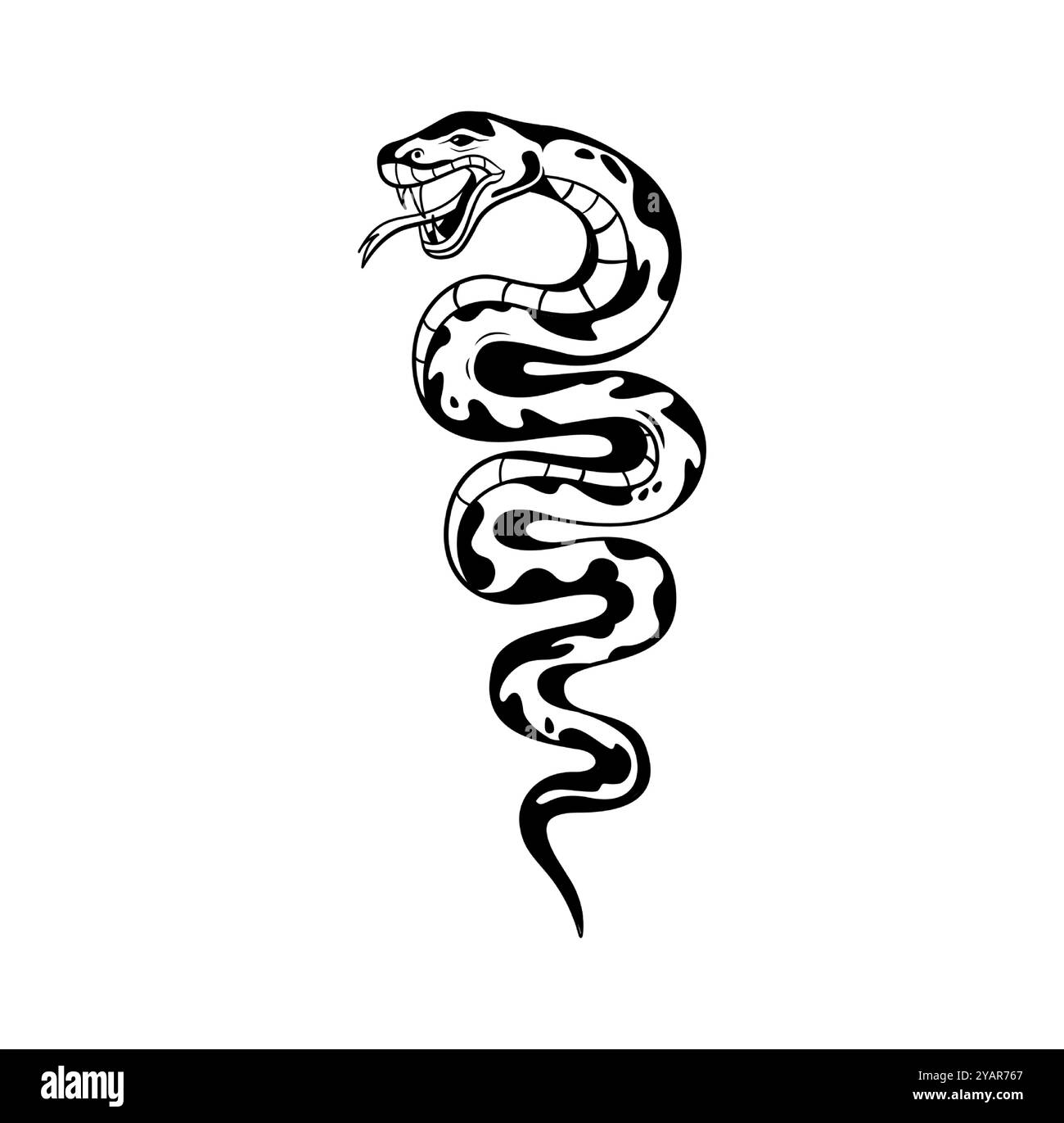 Black and white illustration of a venomous writhing snake vertical ...