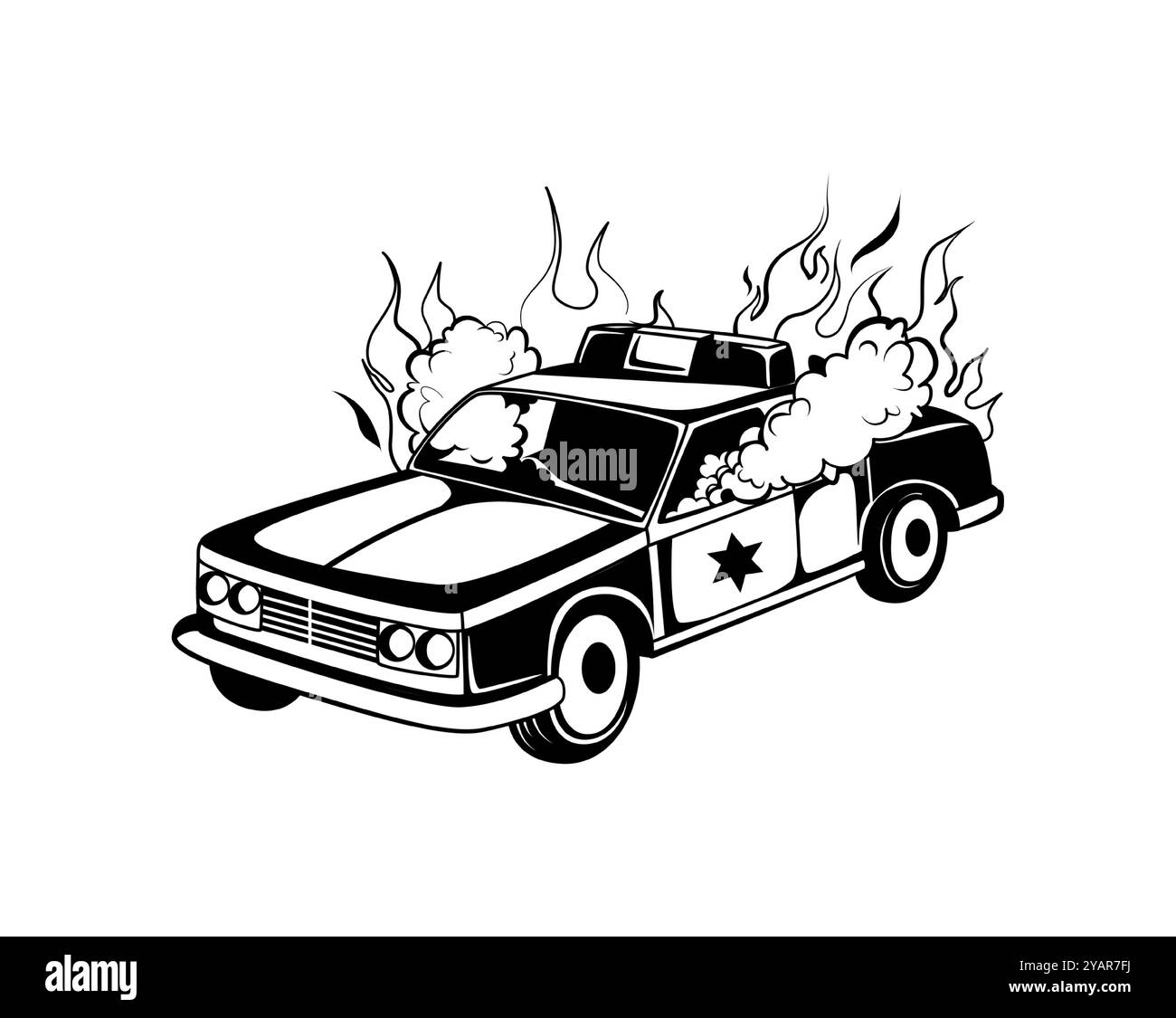 A burning police car with smoke rising from its engine. Flames cover ...