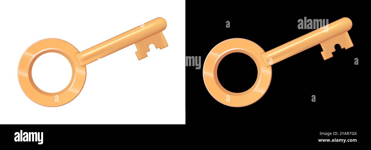 A golden vintage key with a circular handle and detailed notches Stock ...