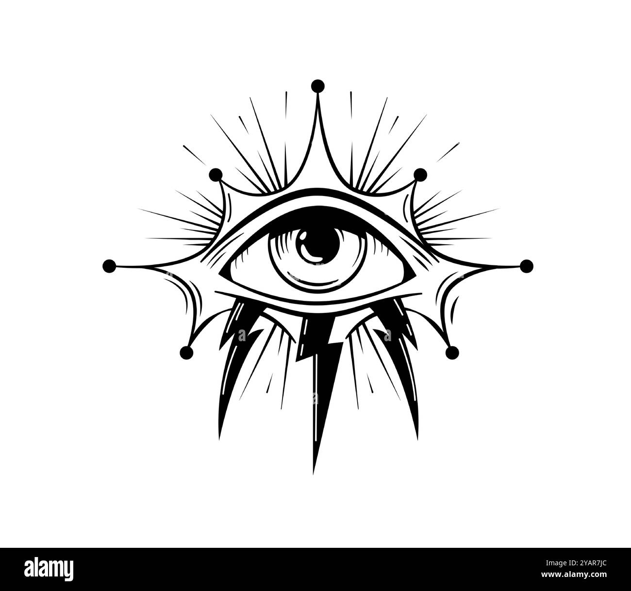 Isolated black and white illustration of an all-seeing eye with sharp ...