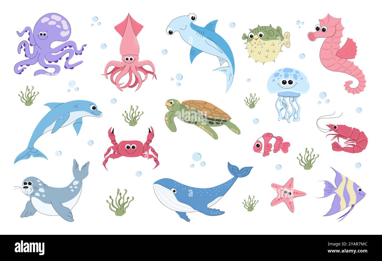Sea creatures cartoon, underwater creatures, cute and happy ...