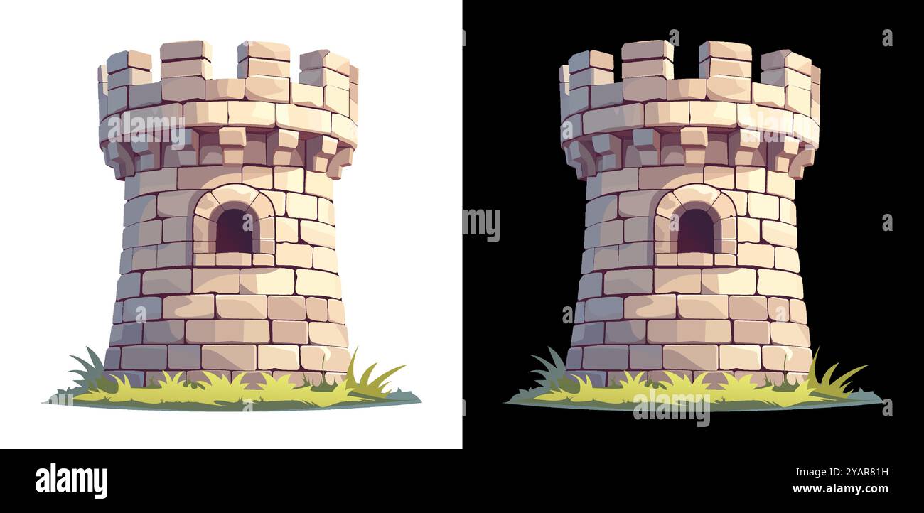 A medieval stone tower with battlements and a small arched window ...