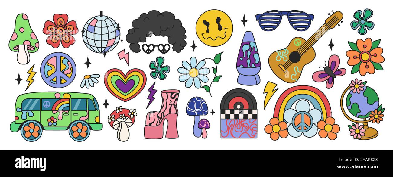 Retro positive vibe 70s, Carton graphic set, aesthetic and symbols 70s ...