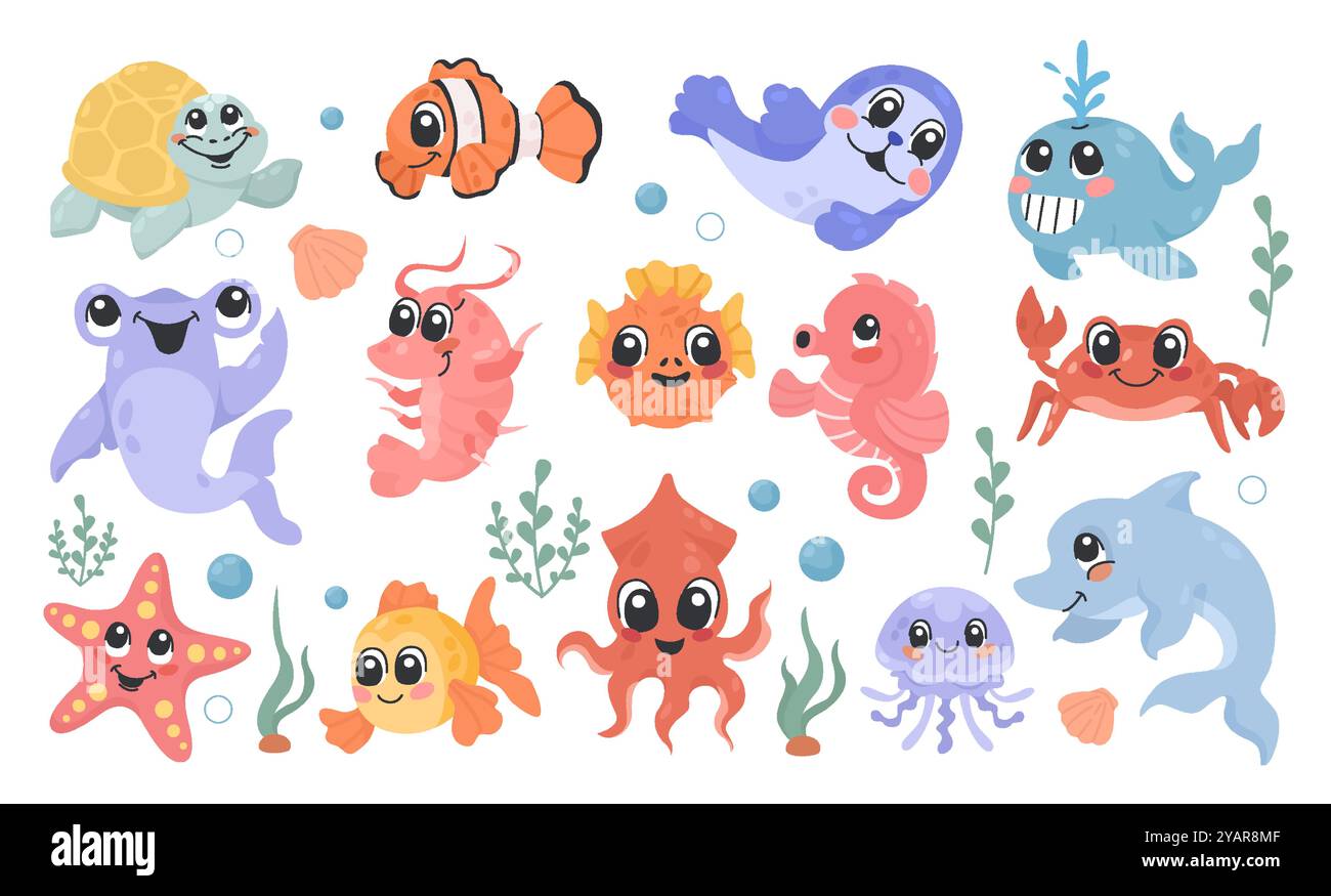 Cartoon sea characters, ocean inhabitants, isolated on white background ...