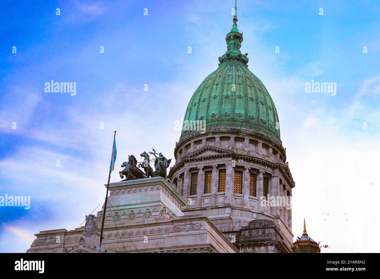 Green oxidized copper dome of the Argentine Congress at dusk Stock ...