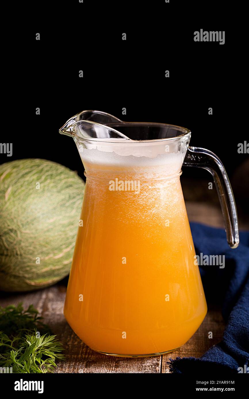 Fresh Hami Melon（honeydew ） juice cheese cream and mango fruit with a ...