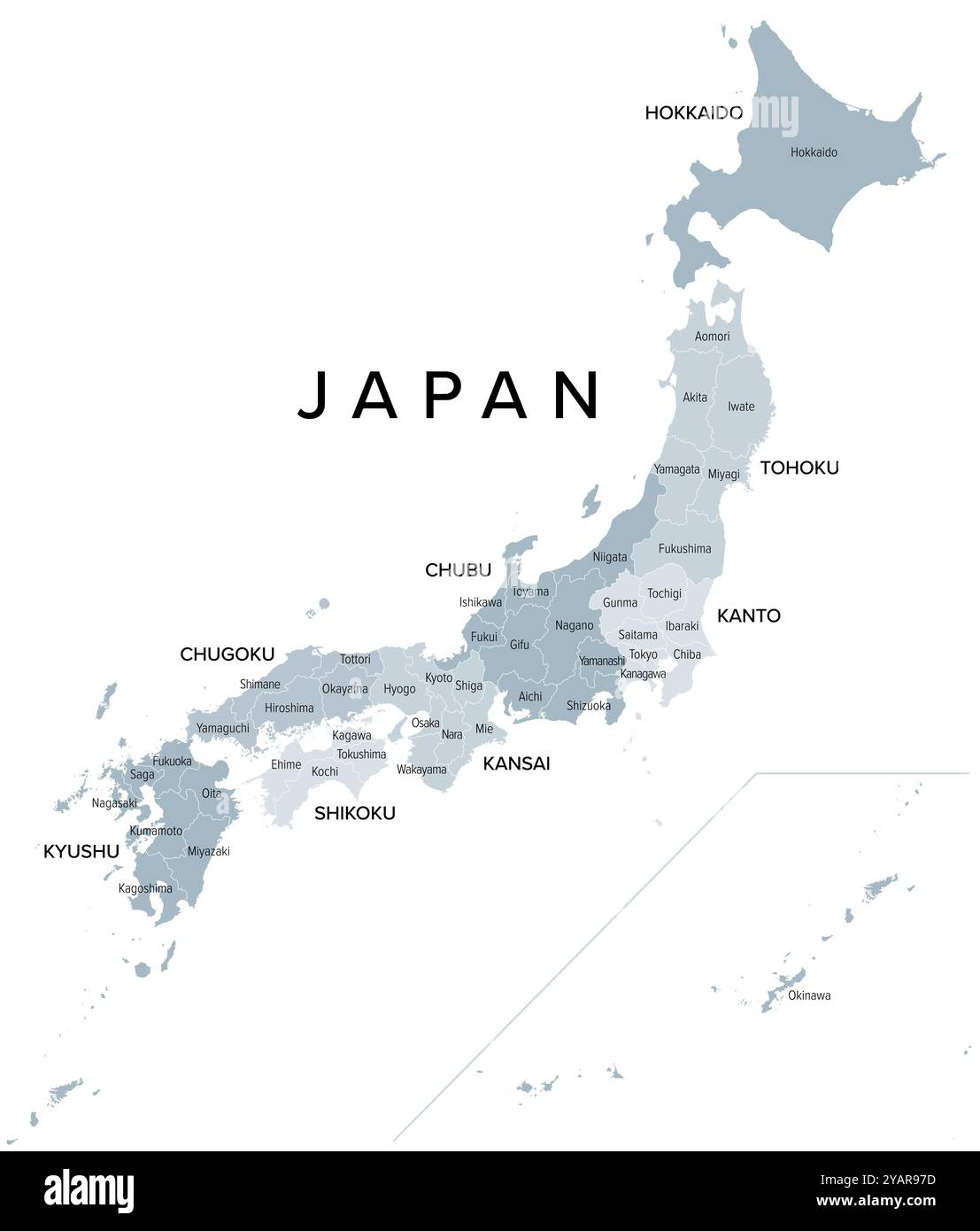Japan, regions and prefectures, gray political map. Eight regions of ...