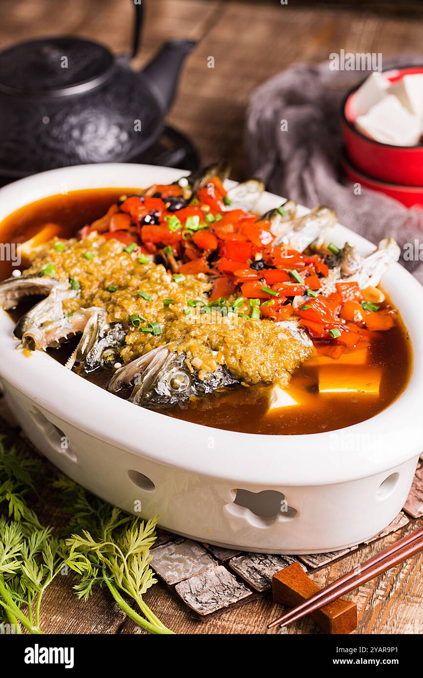 Steamed Fish Head with Diced Hot Red Peppers ，Chinese Hunan cuisine ...
