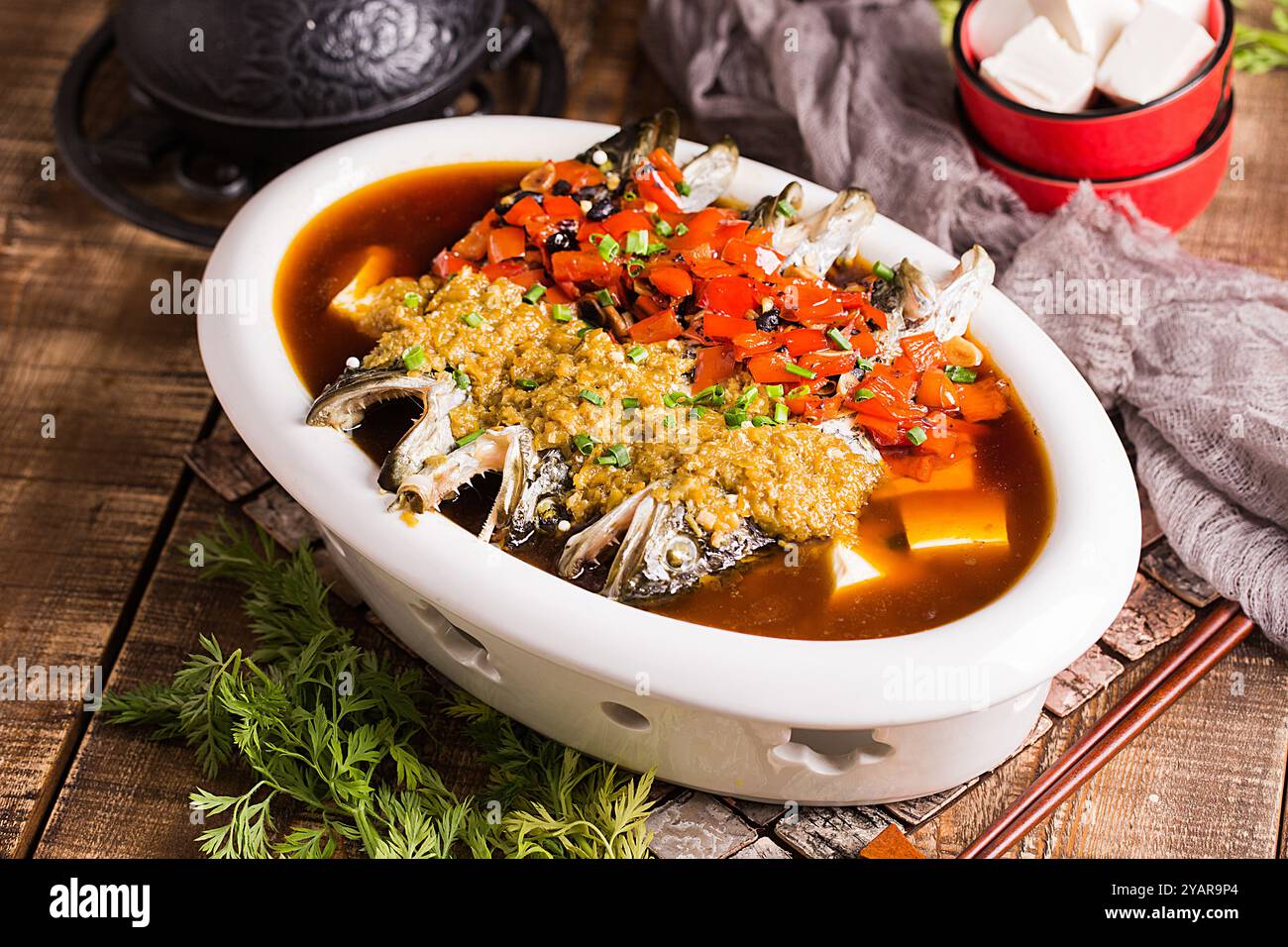 Steamed Fish Head with Diced Hot Red Peppers ，Chinese Hunan cuisine ...