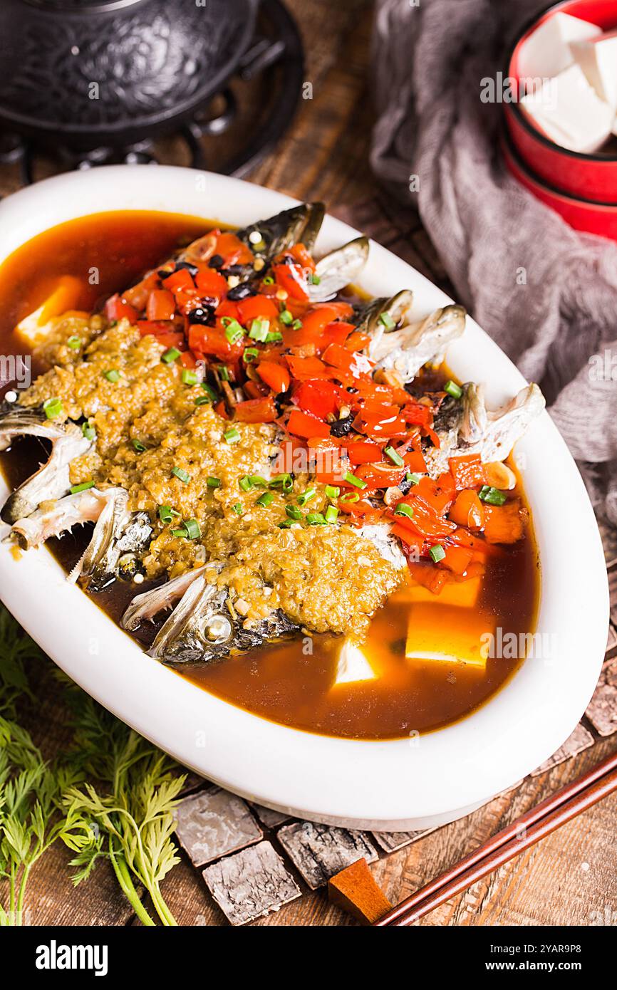 Steamed Fish Head with Diced Hot Red Peppers ，Chinese Hunan cuisine ...