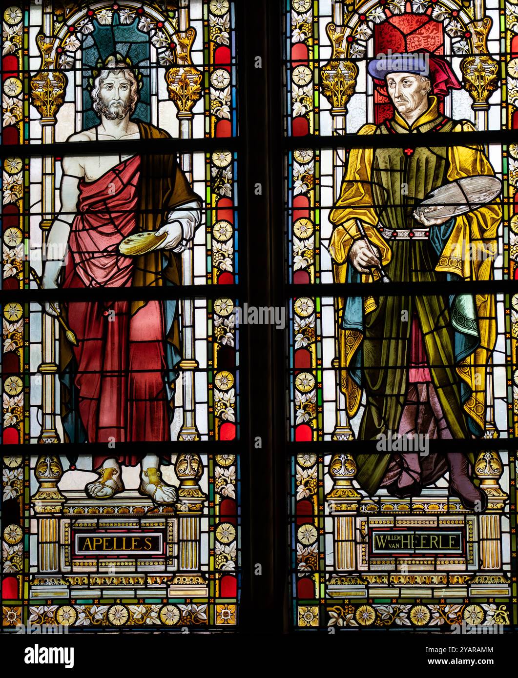 World famous painted windows in the main hall of the Rijksmuseum museum ...