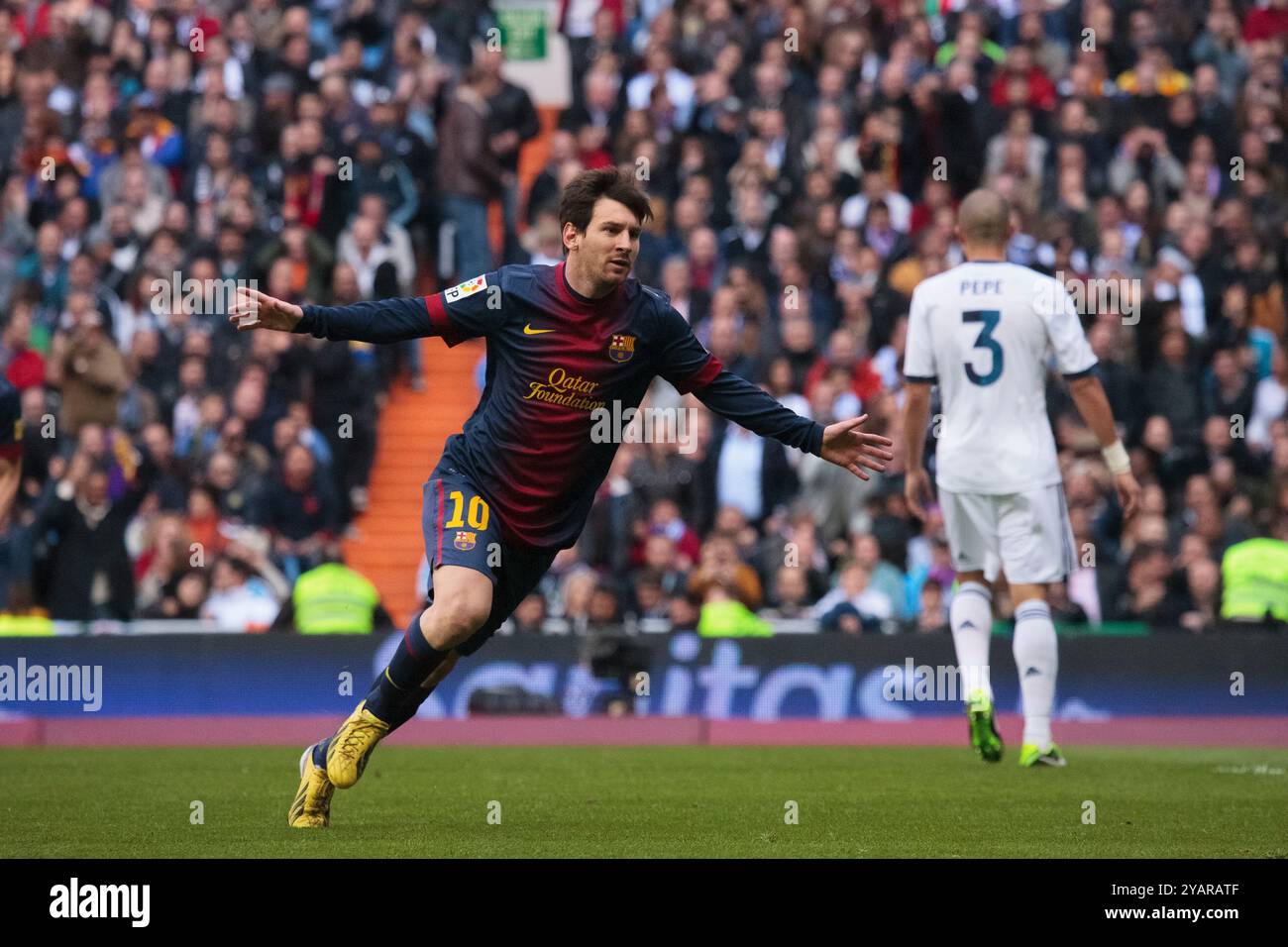 MADRID, SPAIN - March 2:Lionel Messi celebrates a goal during the La ...