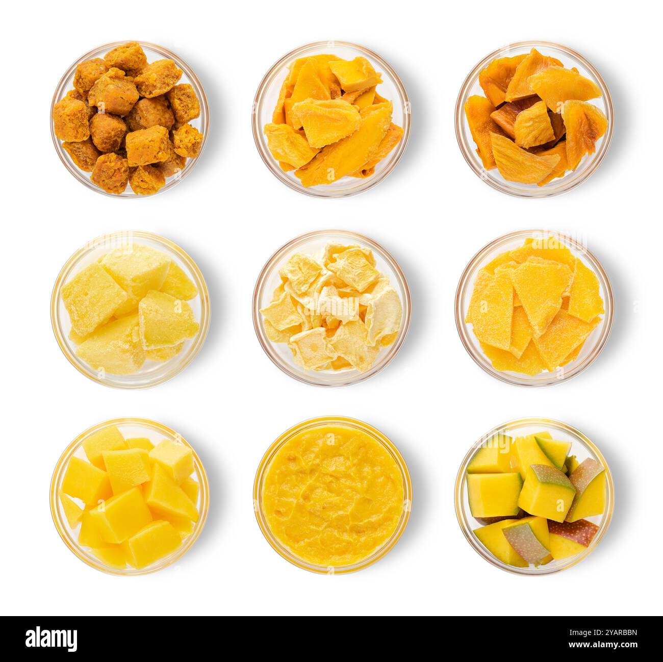 Assorted dried mango slices and bites with frozen and freezed mangoes ...