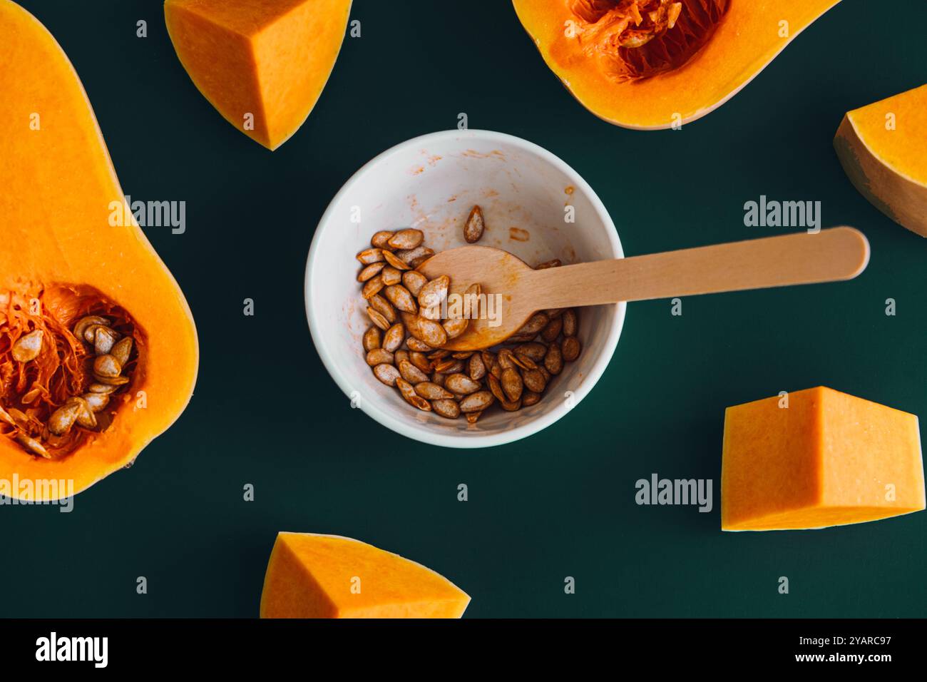 Sustainable Food Practices. Top view of roasted butternut squash seeds ...